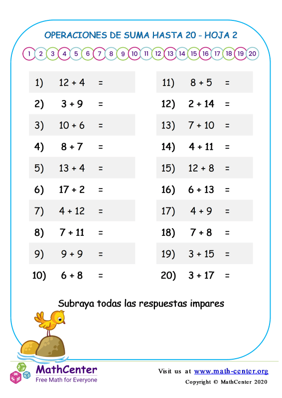 Primer Grado Hojas de trabajo: Sumas de Una Cifra | Math Center