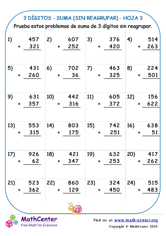 Primer Grado Hojas de trabajo: Sumas de Tres Cifras Sin Llevadas | Math ...