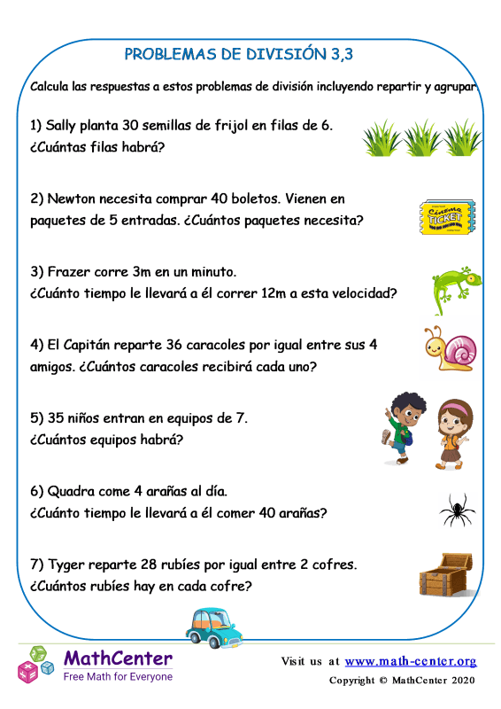 Tercer Grado Hojas de trabajo: Problemas de División | Math Center