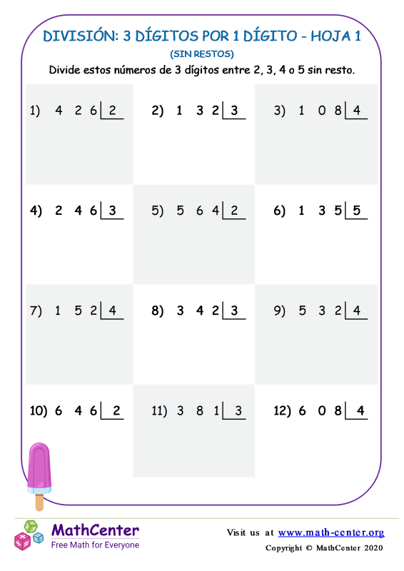 Tercer Grado Hojas de trabajo: Dividir por Una Cifra | Math Center