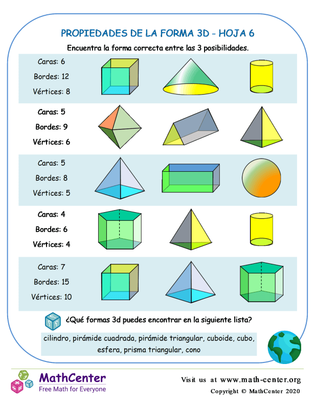 Cuarto grado Hojas de trabajo: Cuerpos Geométricos | Math Center