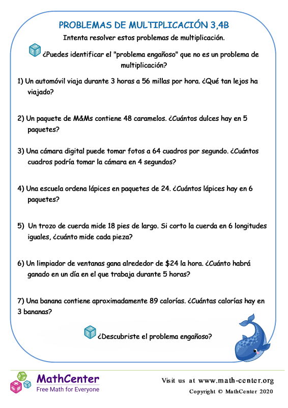 Tercer Grado Hojas de trabajo: Problemas de Multiplicación | Math Center