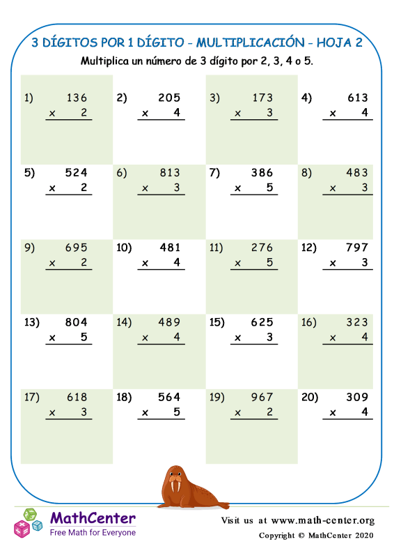 Tercer Grado Hojas de trabajo: Multiplicación de Varias Cifras | Math ...