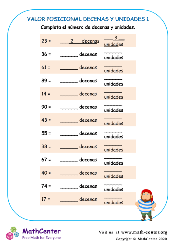 Primer Grado Hojas de trabajo: Valor Posicional de Dos Cifras | Math Center