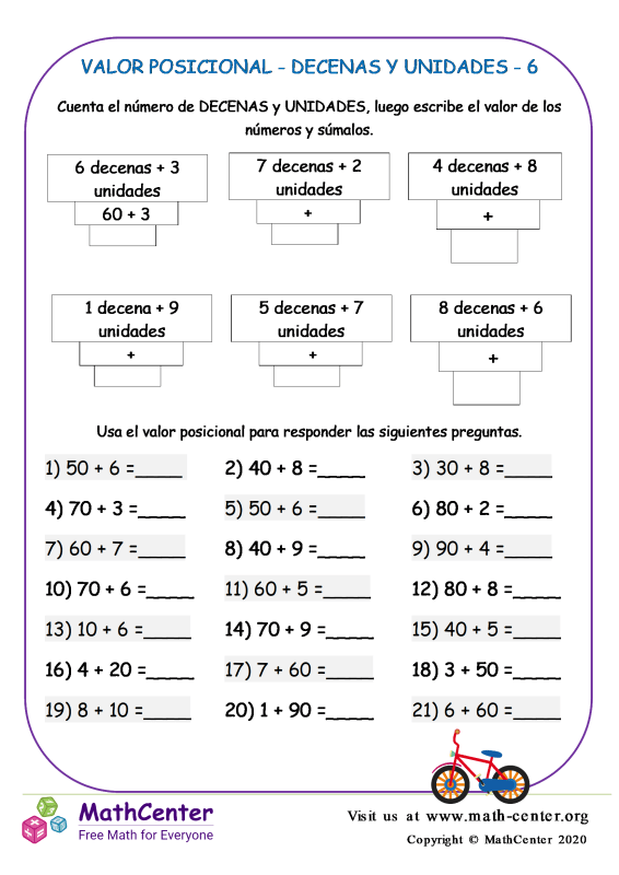 Primer Grado Hojas de trabajo: Valor Posicional de Dos Cifras | Math Center