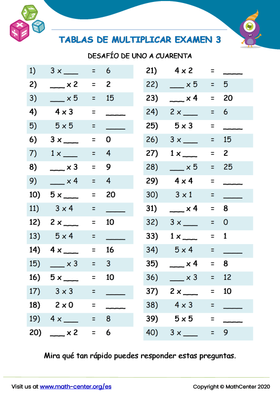Segundo Grado Pruebas: Tablas de Multiplicar | Math Center