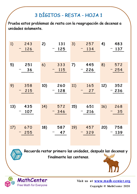 Tercer Grado Hojas de trabajo: Restas de Tres Cifras Con Llevadas ...