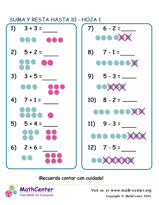 Jardín de infantes Hojas de trabajo: Sumas de Una Cifra | Math Center