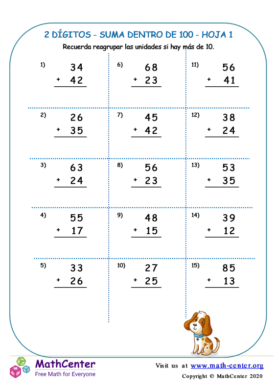 Segundo Grado Hojas de trabajo: Sumas de Dos Cifras | Math Center