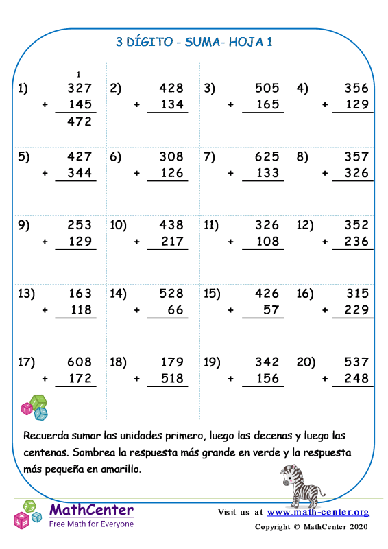 Tercer Grado Hojas de trabajo: Sumas de Tres Cifras Con Llevadas | Math ...