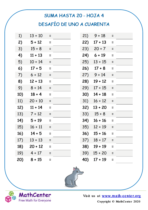 Primer Grado Hojas de trabajo: Sumas Mentales de Dos Cifras | Math Center