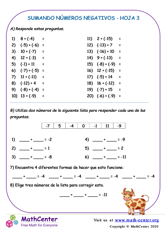 Quinto Grado Hojas de trabajo: Sumar Números Negativos | Math Center Quinto Grado Hojas de trabajo: Sumar Números Negativos | Math Center