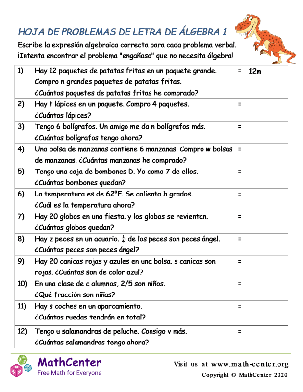 Hoja De Trabajo Con Problemas De Palabras Para Escribir Expresiones Algebraicas