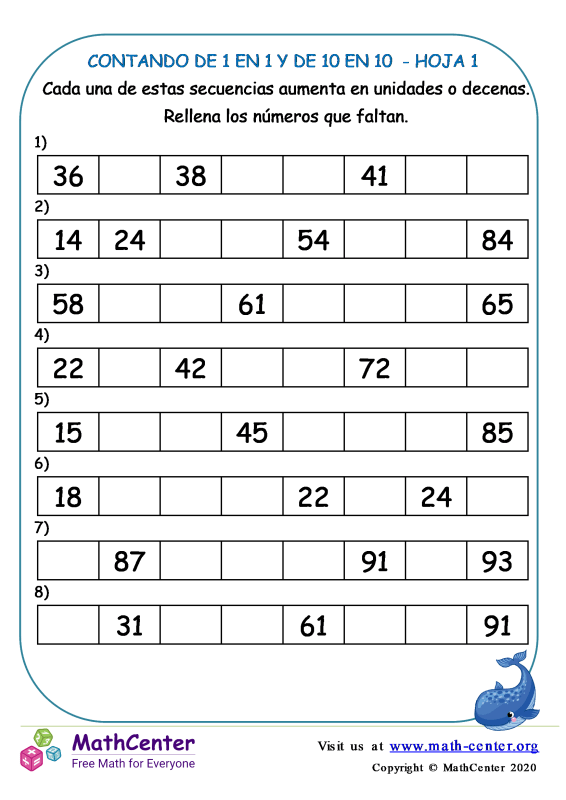 Primer Grado Hojas de trabajo: Patrones de Números | Math Center