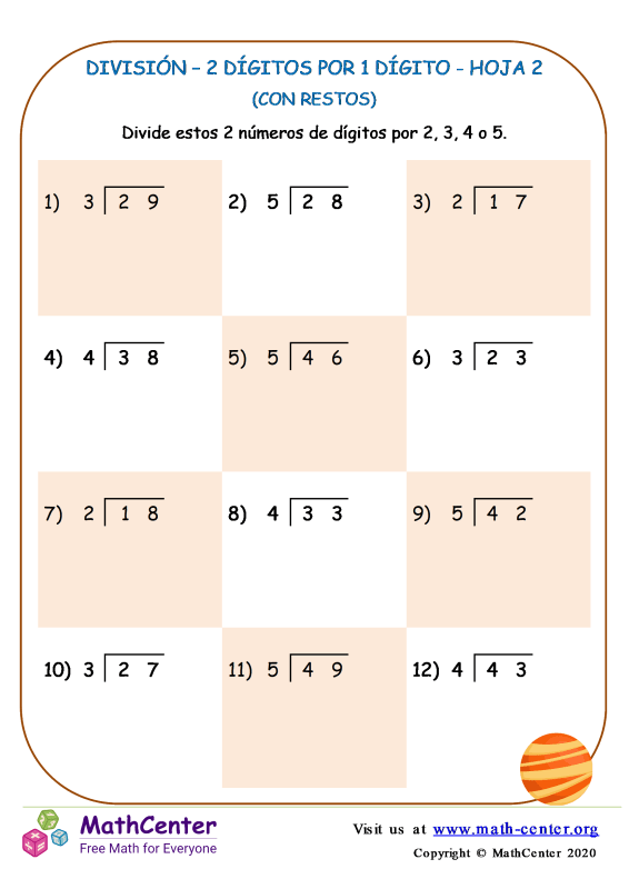 Tercer Grado Hojas de trabajo: Dividir por Una Cifra | Math Center