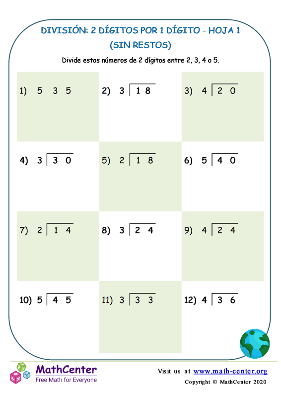 Tercer Grado Hojas de trabajo: Dividir por Una Cifra | Math Center
