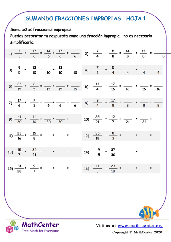 Quinto Grado Hojas de trabajo: Sumar y Restar Fracciones | Math Center