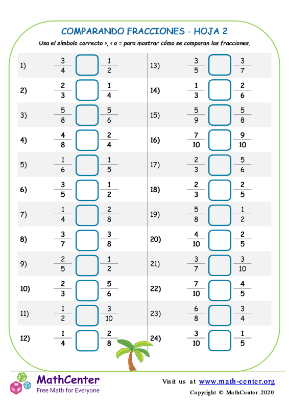 Cuarto grado Hojas de trabajo: Comparar Fracciones | Math Center