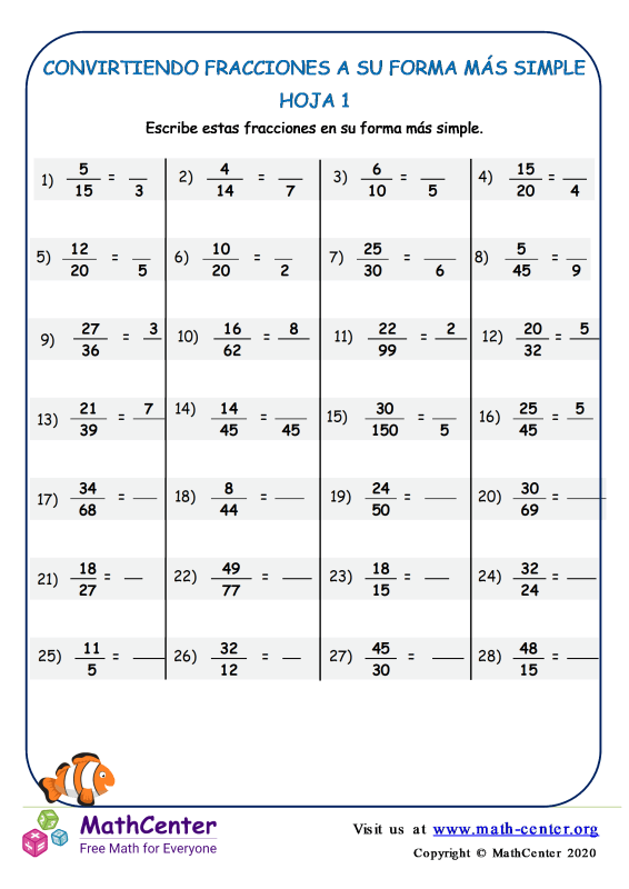 Quinto Grado Hojas de trabajo: Simplificar Fracciones | Math Center