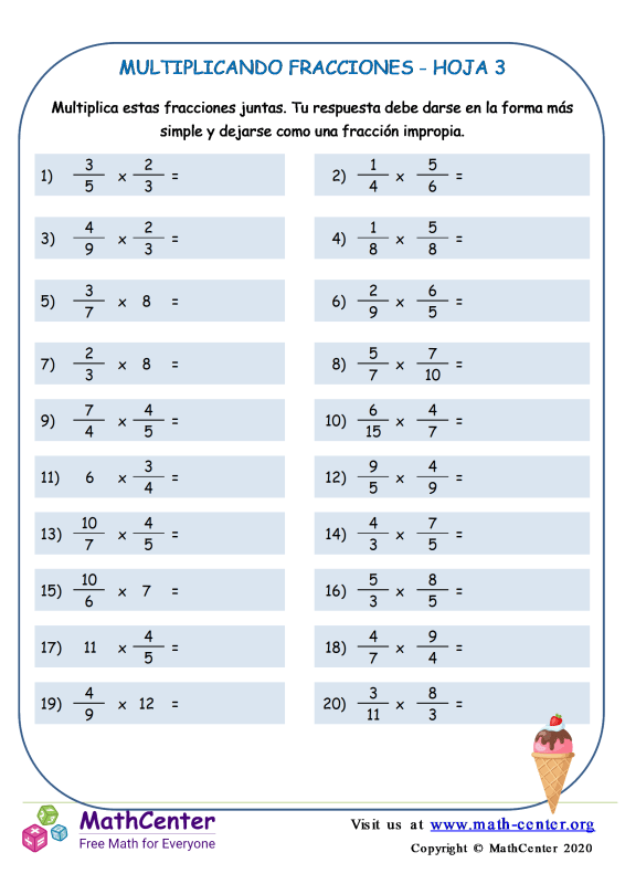 Quinto Grado Hojas de trabajo: Multiplicar Fracciones | Math Center