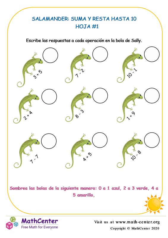Jardín de infantes Hojas de trabajo: Sumas de Una Cifra | Math Center