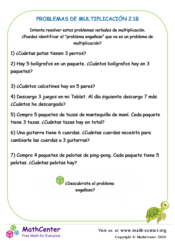Segundo Grado Hojas de trabajo: Problemas de Multiplicación | Math Center