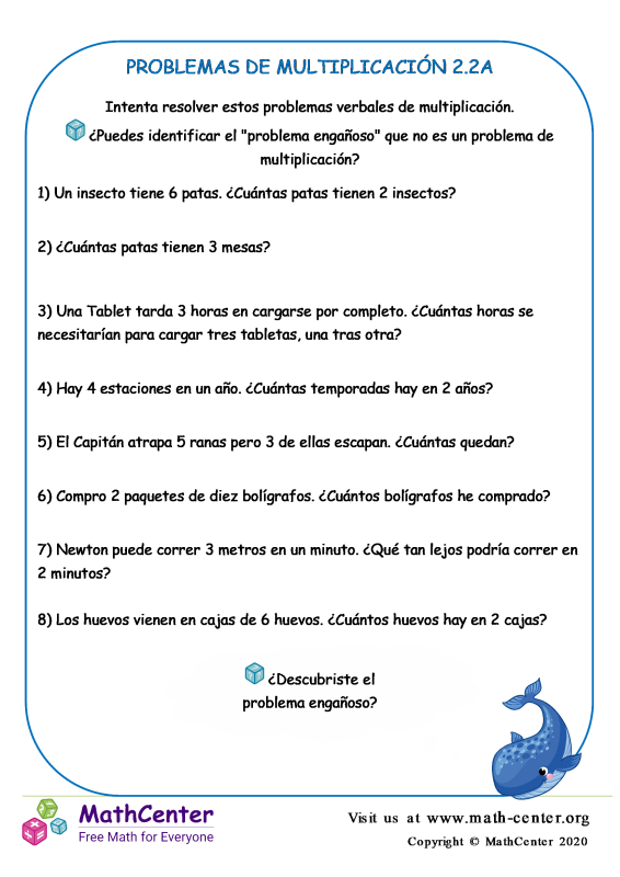 Segundo Grado Hojas de trabajo: Problemas de Multiplicación | Math Center