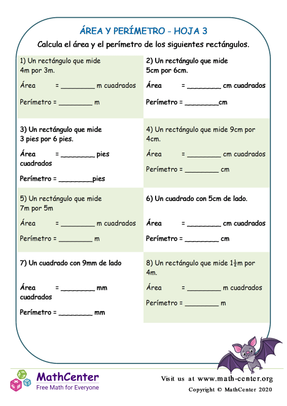Cuarto grado Hojas de trabajo: Área del Rectángulo | Math Center