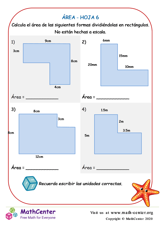Cuarto grado Hojas de trabajo: Área del Rectángulo | Math Center