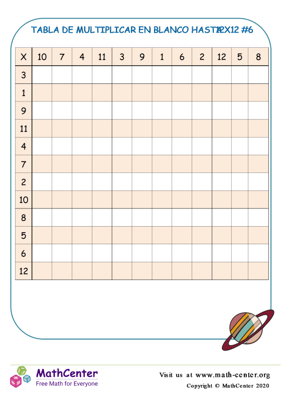 Cuarto grado Hojas de trabajo: Tablas de Multiplicar | Math Center
