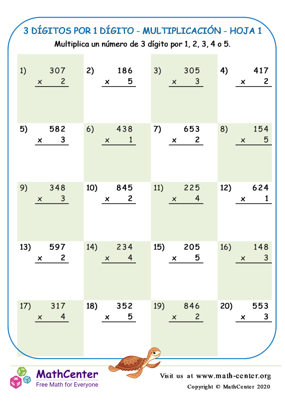 Tercer Grado Hojas de trabajo: Multiplicación de Varias Cifras | Math ...