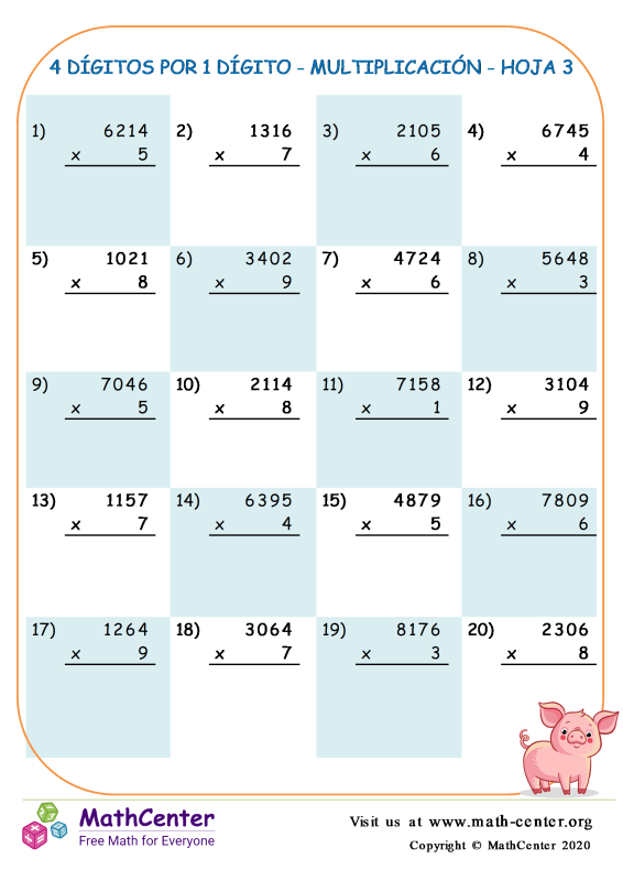Cuarto grado Hojas de trabajo: Multiplicación de Varias Cifras | Math ...