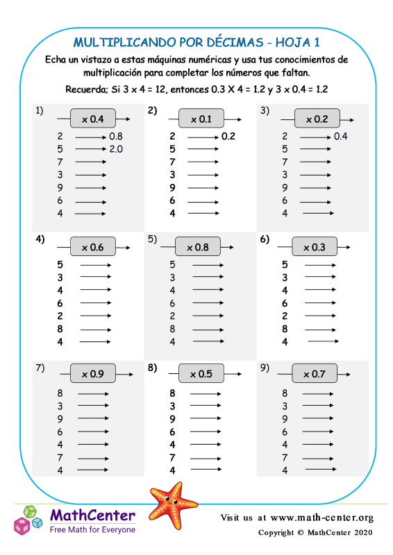 Quinto Grado Hojas de trabajo: Multiplicar Decimales | Math Center