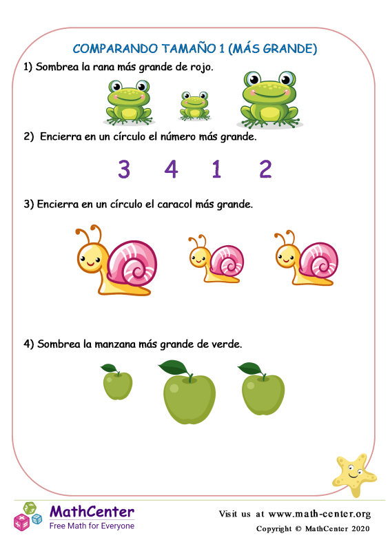Pre-Jardín de Infantes Hojas de trabajo: Comparar Tamaños | Math Center