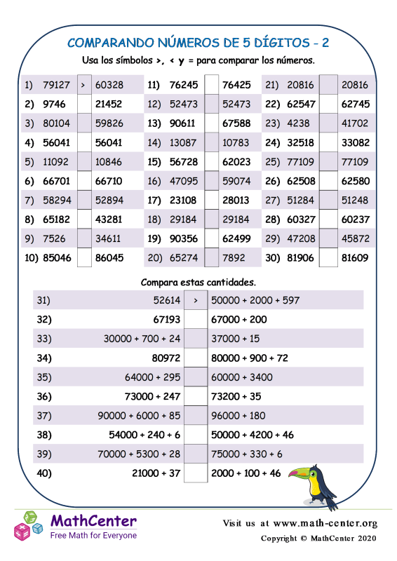 Cuarto grado Hojas de trabajo: Números de Varias Cifras | Math Center