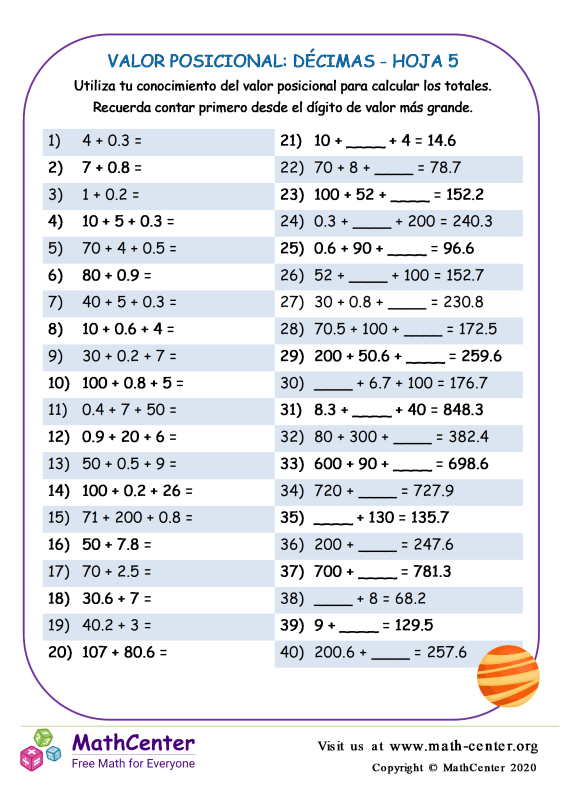 Tercer Grado Hojas de trabajo: Valor Posicional Decimal | Math Center