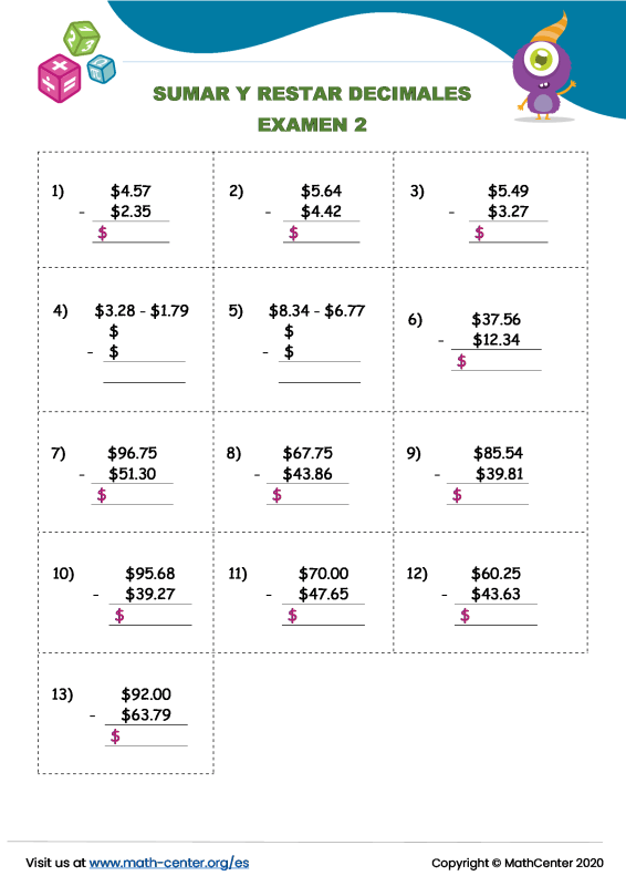 Cuarto grado Pruebas: Restar Decimales | Math Center