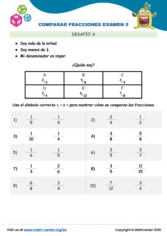 Quinto Grado Pruebas: Comparar Fracciones | Math Center
