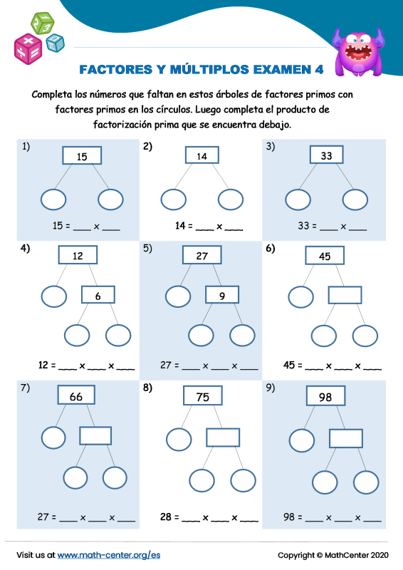 Cuarto grado Pruebas: Factores y Múltiplos | Math Center