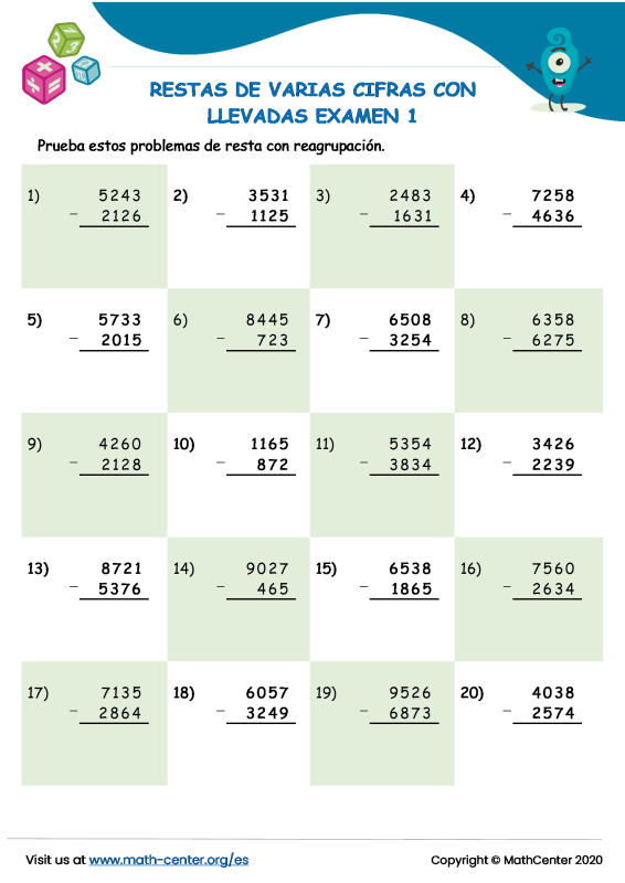 Tercer Grado Pruebas: Restas de Varias Cifras Con Llevadas | Math Center