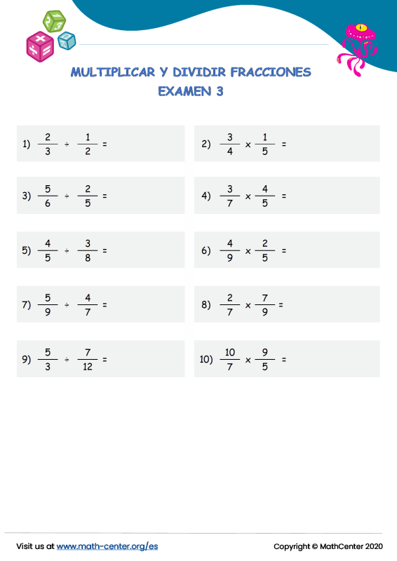 Quinto Grado Pruebas: Multiplicar Fracciones | Math Center
