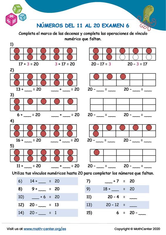 Jardín de infantes Pruebas: Sumas y Restas | Math Center