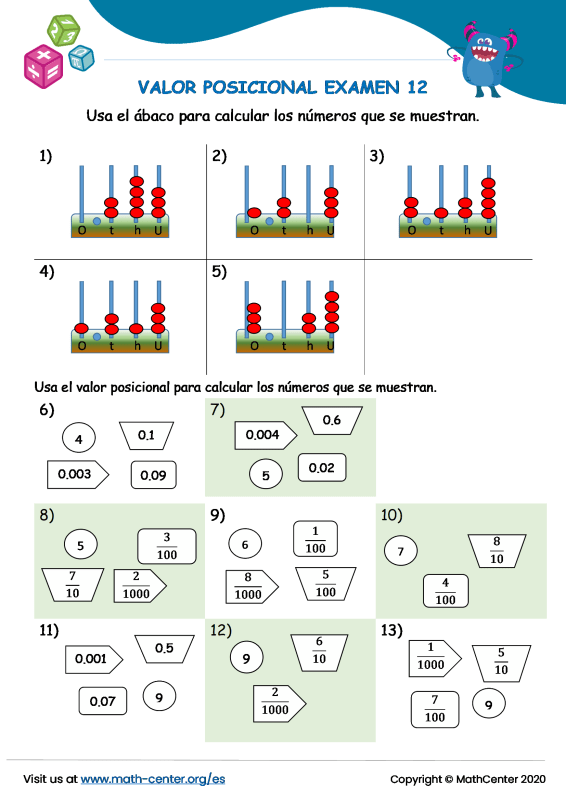 Quinto Grado Pruebas: Valor Posicional Decimal | Math Center