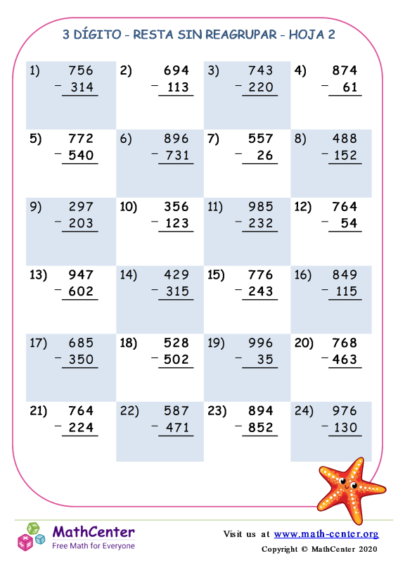 Tercer Grado Hojas de trabajo: Restas de Tres Cifras Sin Llevadas ...