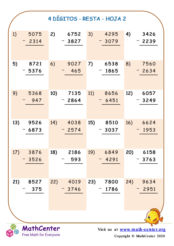 Hojas De Trabajo De Resta, Grado 4, Pdf
