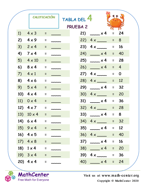 Cuarto grado Hojas de trabajo: Tablas de Multiplicar | Math Center