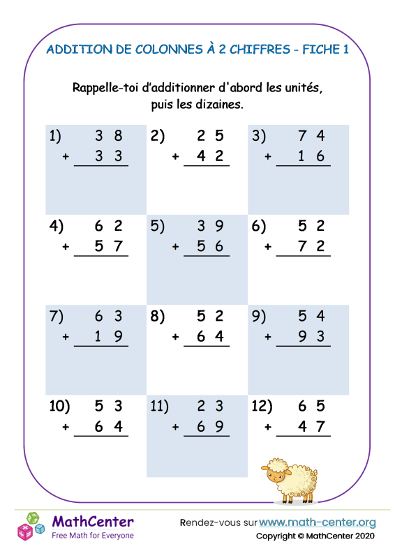 CE2 Fiches de travail: Addition à deux chiffres avec regroupement ...