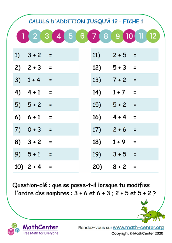 CP Fiches de travail: Addition à un chiffre | Math Center