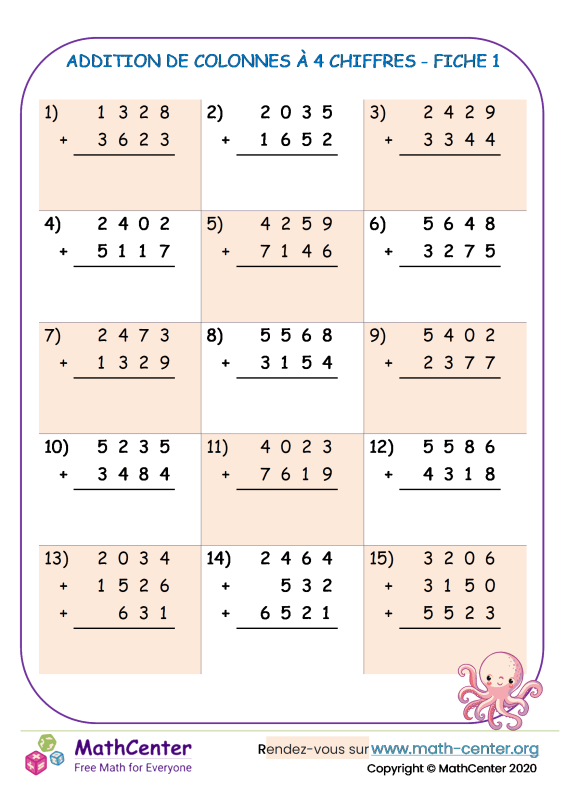 CM1 Fiches de travail: Addition à plusieurs chiffres avec regroupement ...