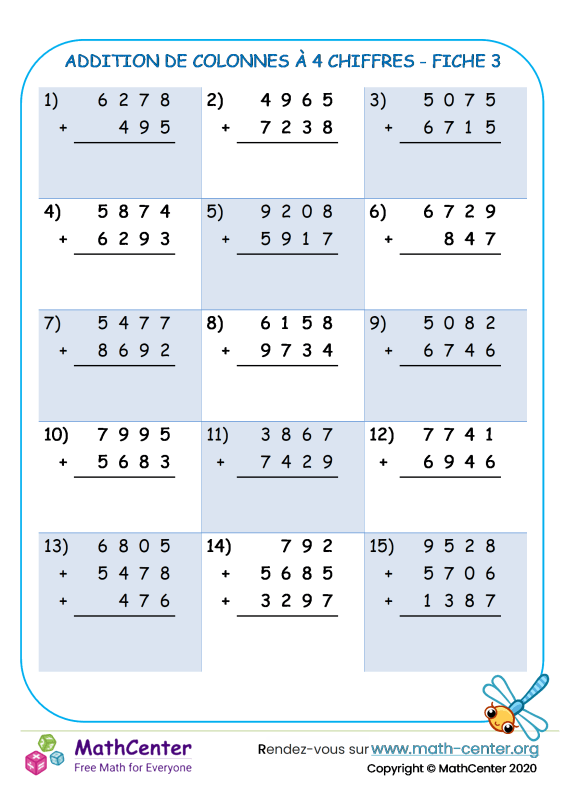 CM1 Fiches de travail: Addition à plusieurs chiffres avec regroupement ...